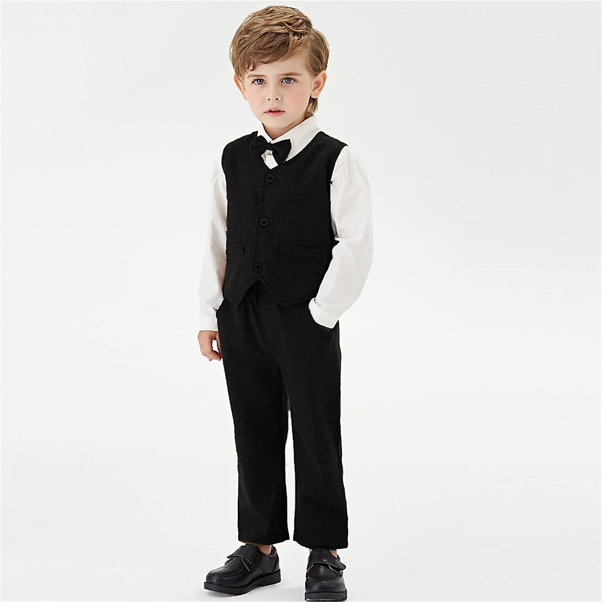 SANGTREE Baby Boy's Tuxedo Clothes, 3 Pieces Fall Winter Outfit, Long Sleeves Button Down Dress Shirt with Bow Tie + Vest + Pants Set Gentlemen Clothing, A - Black, 9-12 Months = Tag 70