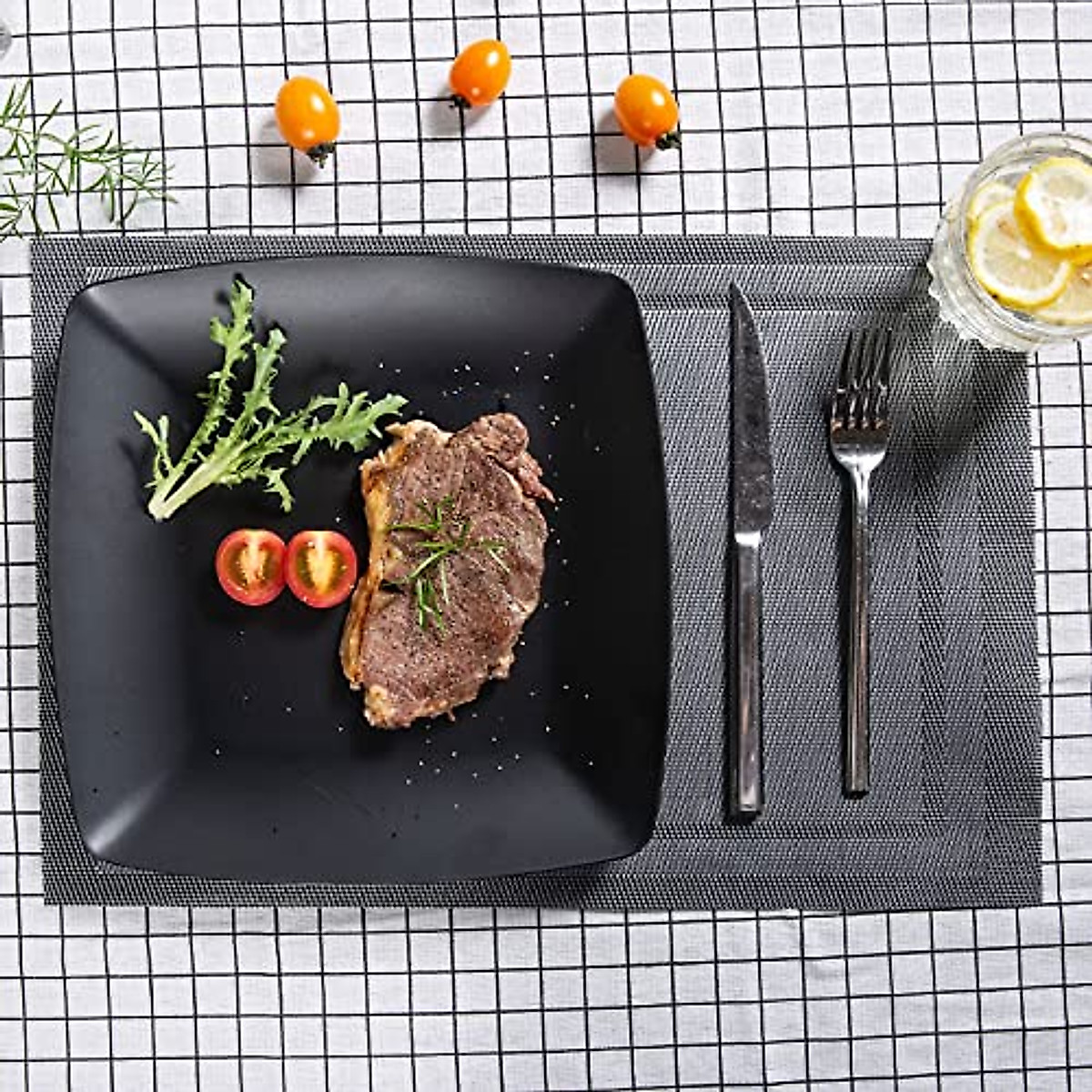 Melamine 12pcs Classic Square Dinnerware Set, Concise Plates and Bowls Set, Service for 4, Dishwasher Safe (Black)