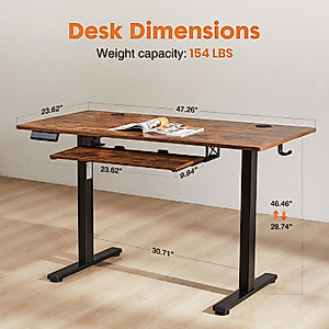 Sweetcrispy Electric Standing Desk Adjustable Height, 48 x 24 inch Stand up Sit Stand Desk with Keyboard Tray, Ergonomic Home Office Rising Table Computer Workstation Gaming Work Desk, Rustic Brown