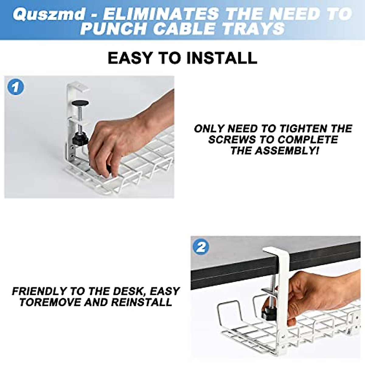Quszmd Under Desk Cable Management Tray No Drill - Under Desk Cable Organizer for Wire Management. Super Sturdy Desk Cable Rack .Standing Desk Cable Management (16" Black Wire Tray)