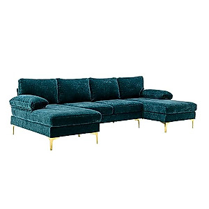 U Shape Sectional Sofa Couch, Modern 110'' Convertible Sectional Sofa, Upholstered Chenille Fabric 4-Seat Couch Sofa Bed with Golden Metal Legs for Living Room, Apartment, Office, Teal Blue