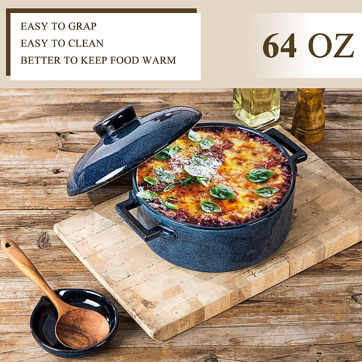 Vicrays Casserole Dish with Lid - Ceramic Lasagna Pan Deep 2 Quart Round Baking Dishes Covered Bakeware for Oven Safe Serving Dish with Handles for Party Dinner Banquet Daily Use (Blue)