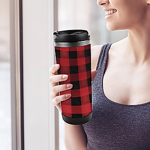 Red Black Buffalo Check Plaid Pattern Travel Coffee Mug Stainless Steel Water Bottles Insulated Water Bottle Travel Mug Insulated Tumblers Travel Coffee Tumbler 12 Oz Coffee Tumbler Travel Cup