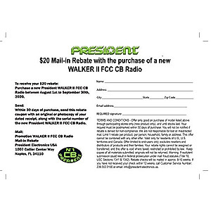 President Electronics WALKER II FCC AM Transceiver CB Radio, 40 Channels AM, Channel Rotary Switch, Volume Adjustment and ON/OFF, Manual Squelch and ASC, Multi-functions LCD Display