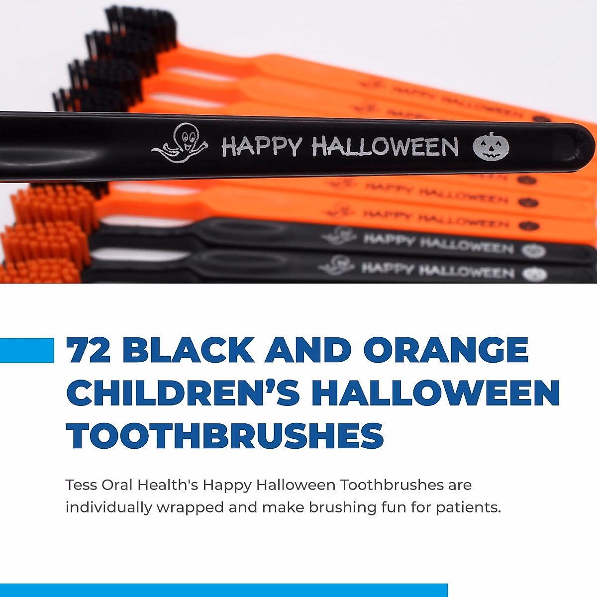 Bulk Halloween Kids Toothbrushes (Quantity:72). Individually Wrapped. Made in USA. Orange & Black. Great for Trick-or-Treat or giveaways.