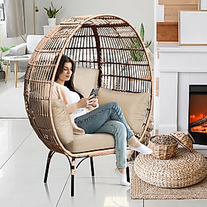 OTSUN Wicker Egg Chair, Oversized Indoor Outdoor Lounger for Patio, Backyard, Living Room with 4 Cushions, Steel Frame, Apricot