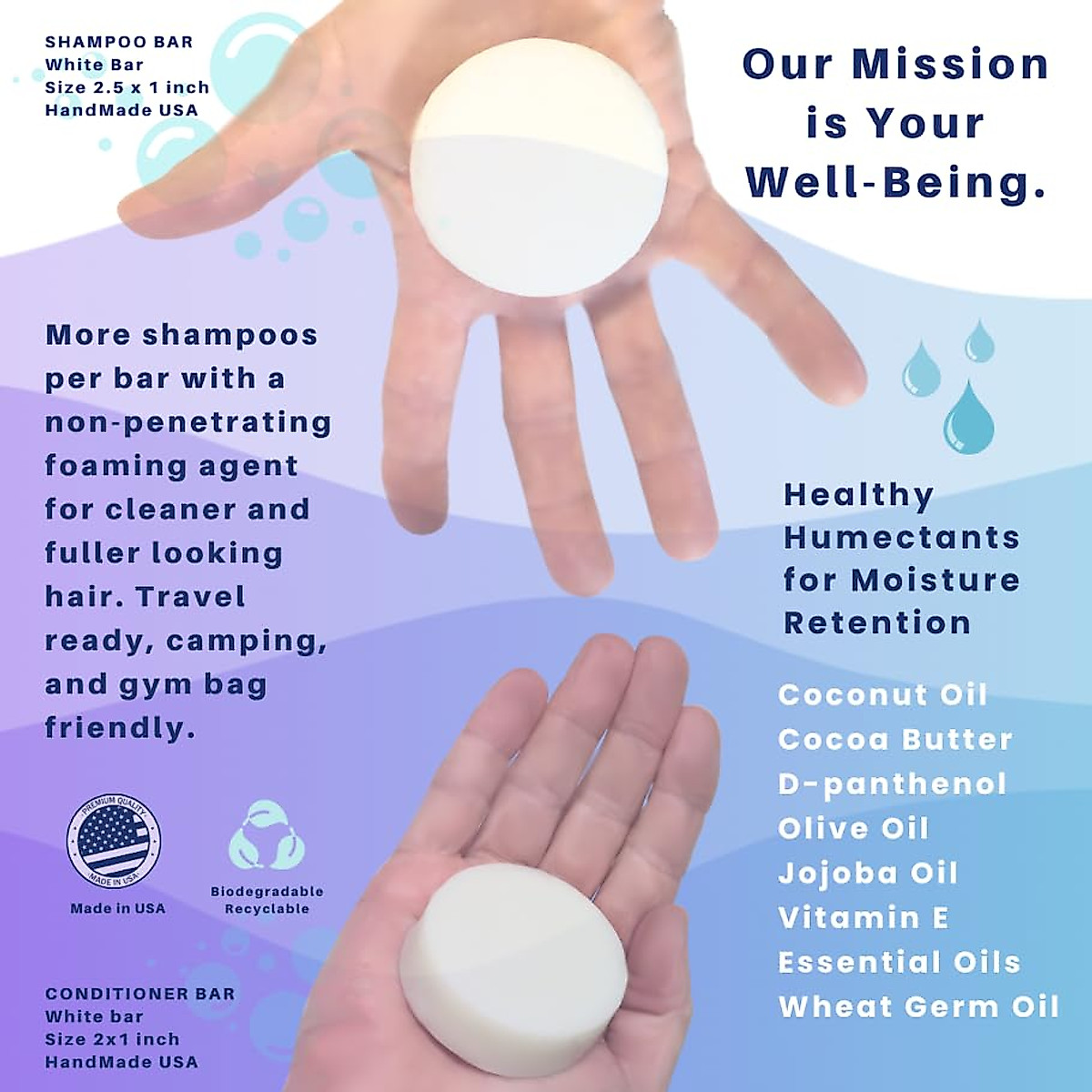 SpiraLeaf Shampoo Bar & Conditioner Bar Set, FRESH LAVENDER Pure Essential Oils, Light Scent, Limited Ingredients, Concentrated Formula, Made USA, Zero Waste, Color-Fragrance Free, Travel Ready