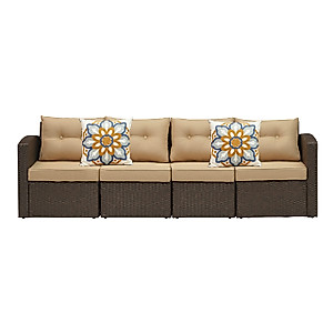 SUNVIVI OUTDOOR Patio Couch Sofa,4-Seat Outdoor Wicker Brown Rattan Sectional Couch Furniture Aluminum Frame with Non-Slip Beige Cushion