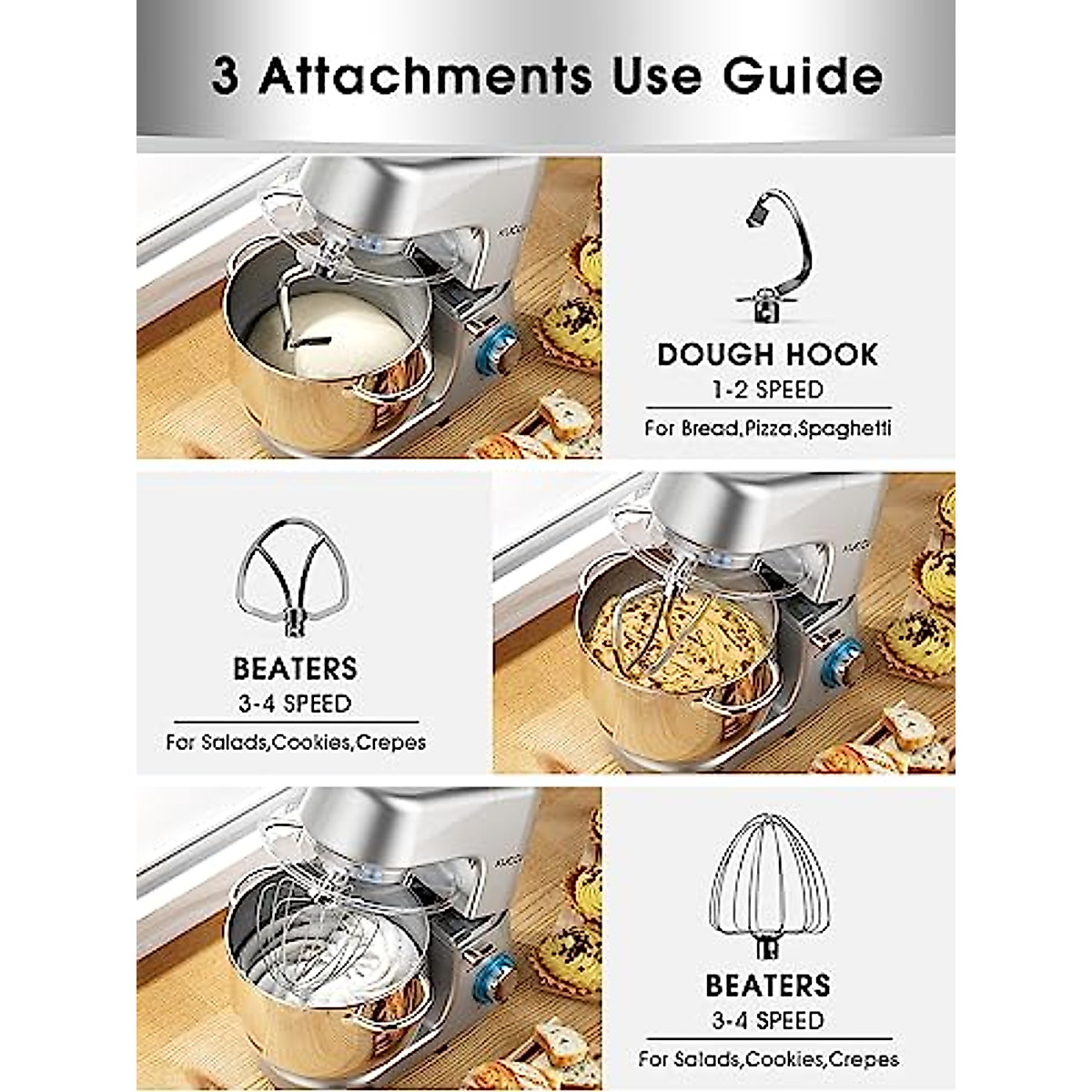 KUCCU Stand Mixer, 8.5 Qt 660W, 6-Speed Tilt-Head Food Dough Mixer, Electric Kitchen Mixer with Dough Hook, Flat Beater & Wire Whisk, Mixing Bowl (8.5-QT, Silver)