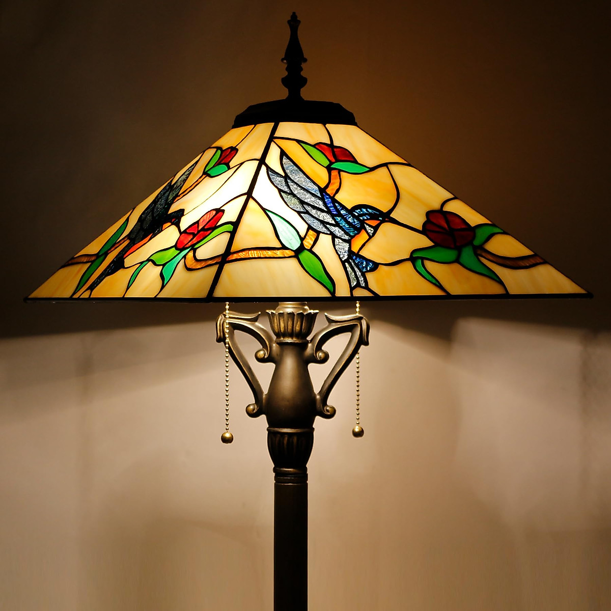 AVIVADIRECT Tiffany Floor Lamp Mission Style Stained Glass Standing Reading Light 16X16X64 Inch Amber Hummingbird