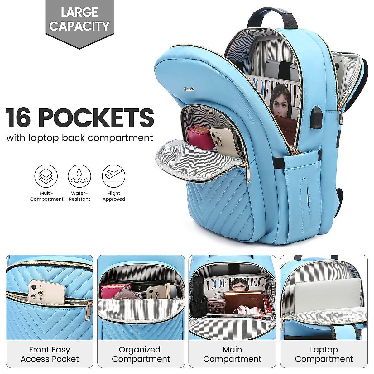 LOVEVOOK Laptop Backpack for Women 15.6 inch, Travel Backpack Purse,Professional Laptop Computer Bag,Waterproof Work Business College Teacher Bags Carry on Backpack with USB Port,Angel Blue