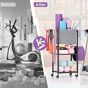 Home Gym Storage Organizer Yoga Mat Storage Workout Storage Organizer,Home Gym Storage Exercise Rack Gym Accessories with Hooks and Wheels