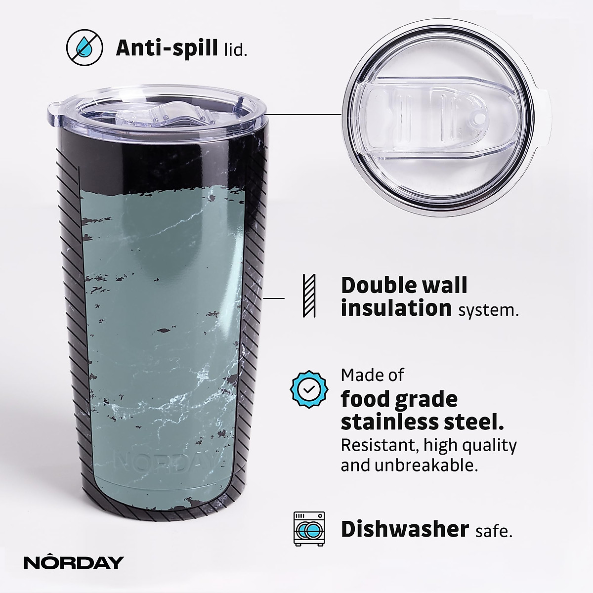 NORDAY | Tumbler Cup with Lid - 20oz - Black Marble | Vacuum Insulated Tumbler - Travel Tumbler - Stainless Steel Tumblers - Double Wall Coffee Tumbler - Keeps Temperature up to 24hr - Anti Spill Lids