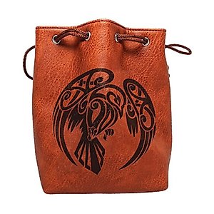 Brown Leather Lite Large Dice Bag with Raven Design - Brown Faux Leather Exterior with Lined Interior - Stands Up on its Own and Holds 400 16mm Polyhedral Dice