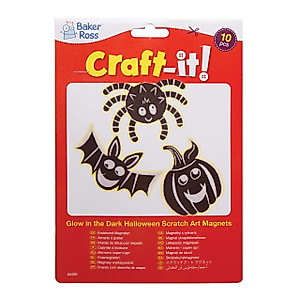 Baker Ross AX201 Glow in The Dark Scratch Art Fridge Magnets - Pack of 10, Halloween Decorations, Halloween Crafting, Magic Paper Ideal for Kids to Design and Decorate for Trick or Treaters