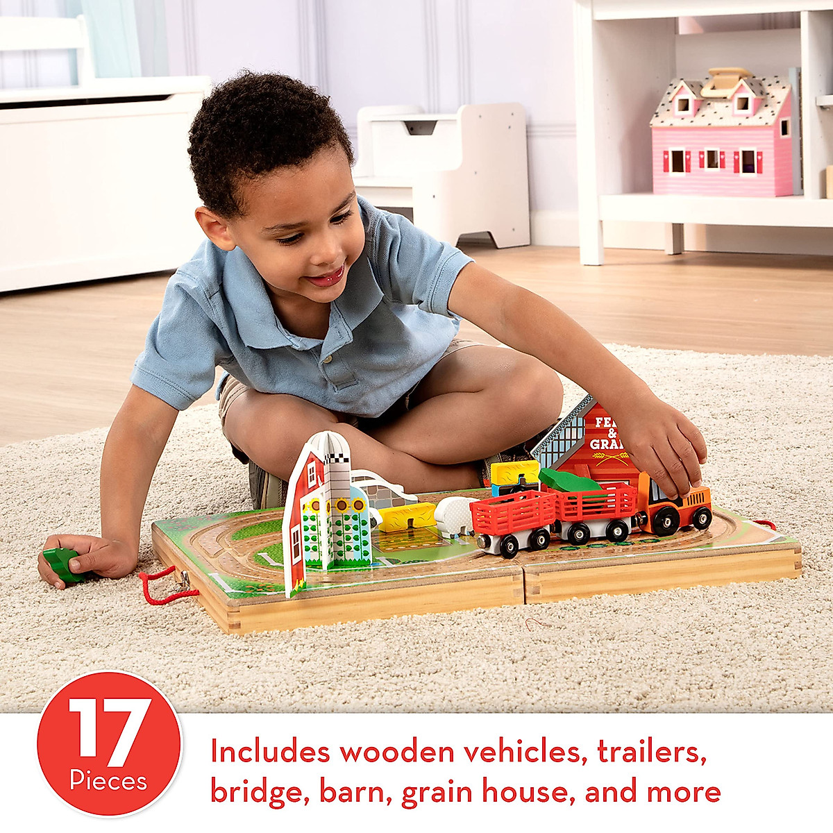 Melissa & Doug 17-Piece Wooden Tabletop Farm Playset With 4 Vehicles, Grain House & Play Pieces - Pretend Barnyard Toy For Toddlers Ages 1+