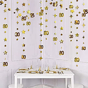 Gold 80th Birthday Decorations Number 80 Circle Dot Twinkle Star Garland Metallic Hanging Streamer Bunting Banner Backdrop 80 Year Old Birthday Eighty Party Supplies