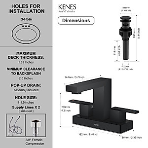 KENES Black Centerset Bathroom Faucet 3 Hole Bathroom Sink Faucet Matte Black Two Handle Modern Vanity Faucet with Pop Up Drain & Supply Lines, KE-9051-2-P