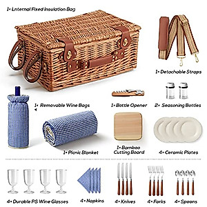 DHAEE Wicker Picnic Basket Set for 4 Person with Cooler Compartment and Waterproof Picnic Blanket,Removable Strap,Wine Bag,Cutlery Set,for Camping,Day Travel,Beach,Hiking,BBQ and Family/Couples Gifts