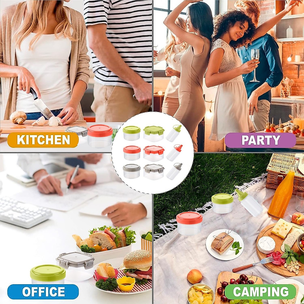 9 Pack Mini Plastic Sauce Squeeze Bottles Seasoning Boxes Salad Dressing Containers, Tiny Condiment Squeeze Bottles for Kids Lunch Box Accessories, 1-2 Ounce ( 3 style, orange/green/gray)