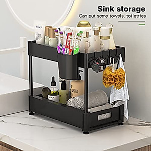 Under Sink Organizers and Storage 2 Pack, ZOMILB Bathroom Organizer 2-Tier Sliding Kitchen Cabinet Organization with Hook, Hanging Cup, Multi-purpose Under Sink Shelf Organizer for Home Storage, Black