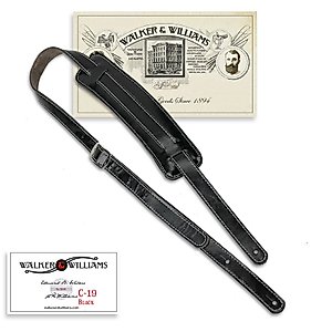 Walker & Williams C-19 Classic Black Vintage Style Rockabilly Guitar Strap Premium Signature Soft Grain Leather Extra Long For Acoustic, Electric, And Bass Guitars