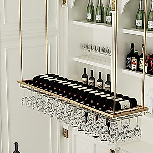 Hanging Wine Rack from Ceiling， Modern Metal Wine Bottle Holder Wall Mounted Champagne Glass Goblets Stemware Rack Storage Shelf Gold Display Racks (Size : 60x27x8cm)