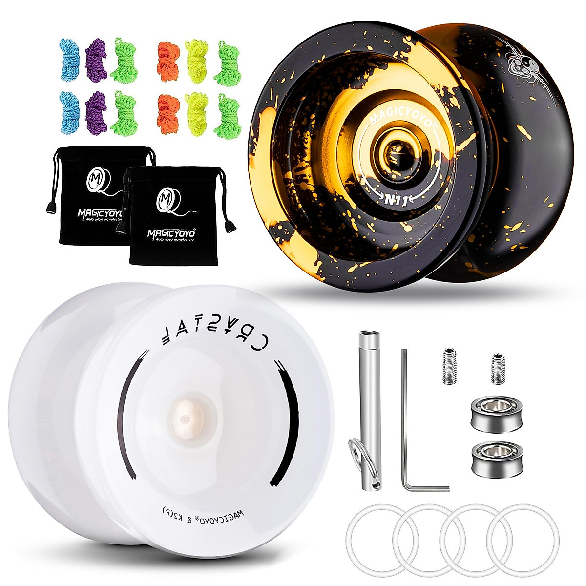 MAGICYOYO Pack of 2 Responsive Yoyos - N11 Black Golden Yoyo and K2 Snow White Fingerspin Yoyo for Kids Beginners, Dual Purpose Yoyos with Unresponsive Yoyo Bearings Kit, 2 Yoyo Bags, 12 Yoyo Strings