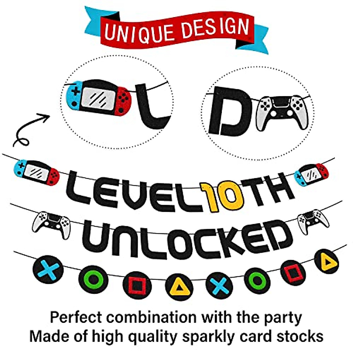 Happy 10th Birthday Banner Level 10s Unlocked Decoration Video Game Controller Level Up Theme Bday Decor for Boys Girls Children Kids Tenth Birth Anniversary Event Supplies