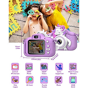Kids Camera for 3-8 Years Old Toddlers Childrens Boys Girls Selfie Camera 20.0 MP HD 1080P IPS Screen Dual Digital Toy Camera for Kids Christmas Birthday Gifts