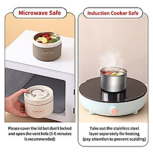 TiLeMiun Portable Thermal Lunch Container For Kid Adult, Keep Food Warm Insulated Bento Lunch Box With Bag, Leakproof Stainless Steel Food Container, Induction Cooker & Microwave Safe (Khaki 34oz)