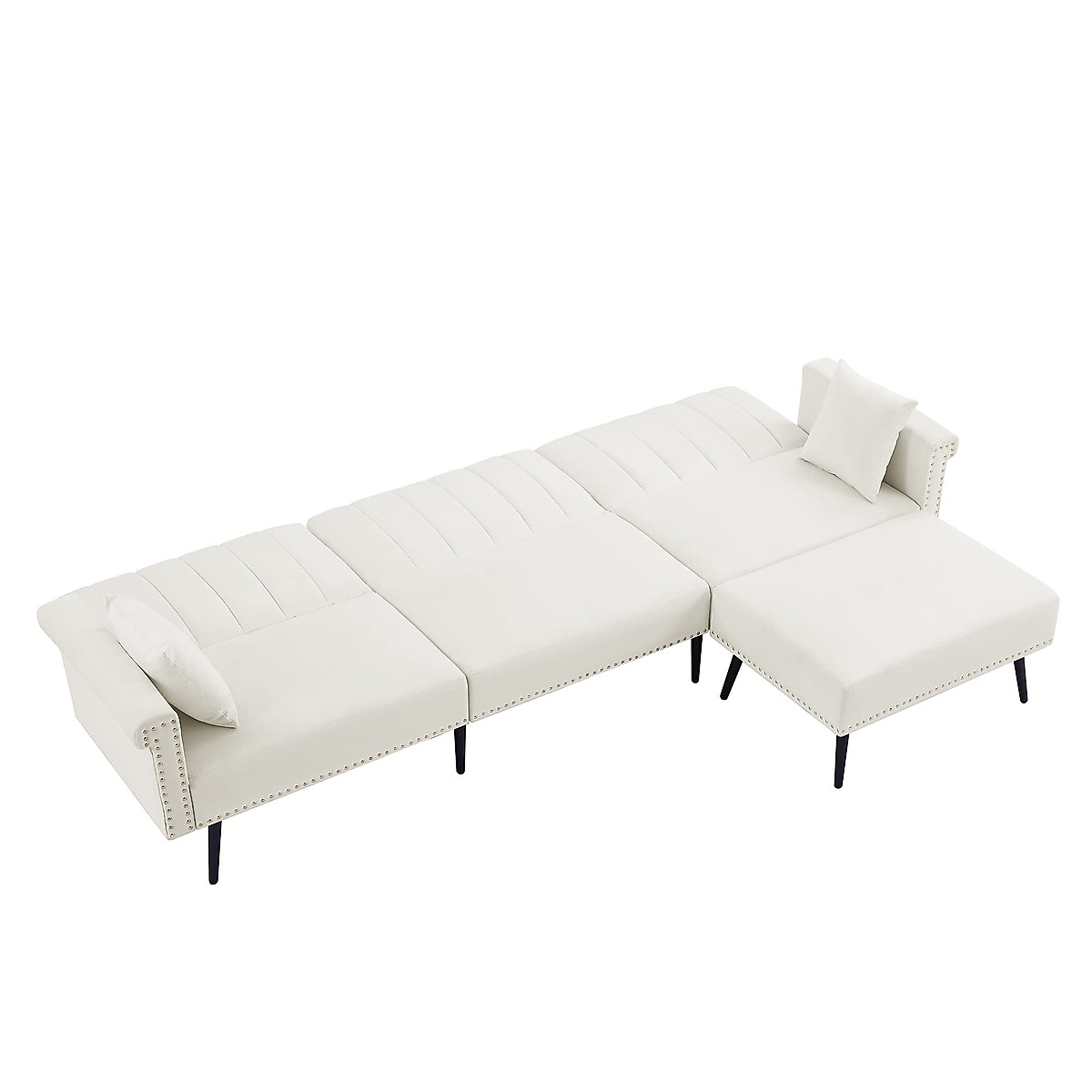 ERYE Elegant White L-Shaped Corner Tufted Sofa Convertible Couch Bed,Velvet Sleeper & Sectional Sofabed W/Reversible Chaise,Movable Ottoman for Home Office Apartment Living Room