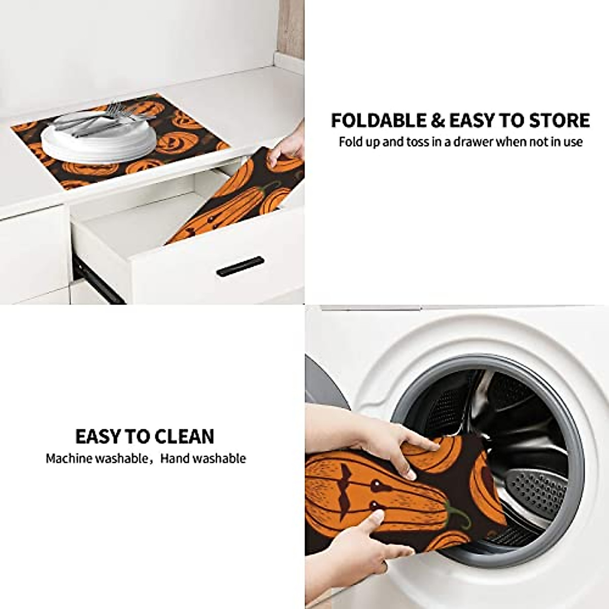 Halloween Pumpkin Printed Drying Mat For Kitchen Ultra Absorbent Microfiber Dishes Drainer Mats Non-Slip Silicone Quick Dry Pad - 18 X 16inch