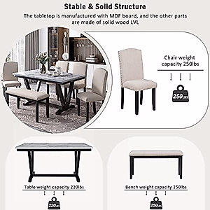 WOZNLA Modern Style 6-Piece Dining Table 6-Rectangular Marbled Veneers Tabletop, V-Shaped Legs, 4 Chairs, 1 Bench with Padded Cushion, Ideal Living Room Furniture Set, White, OneSize