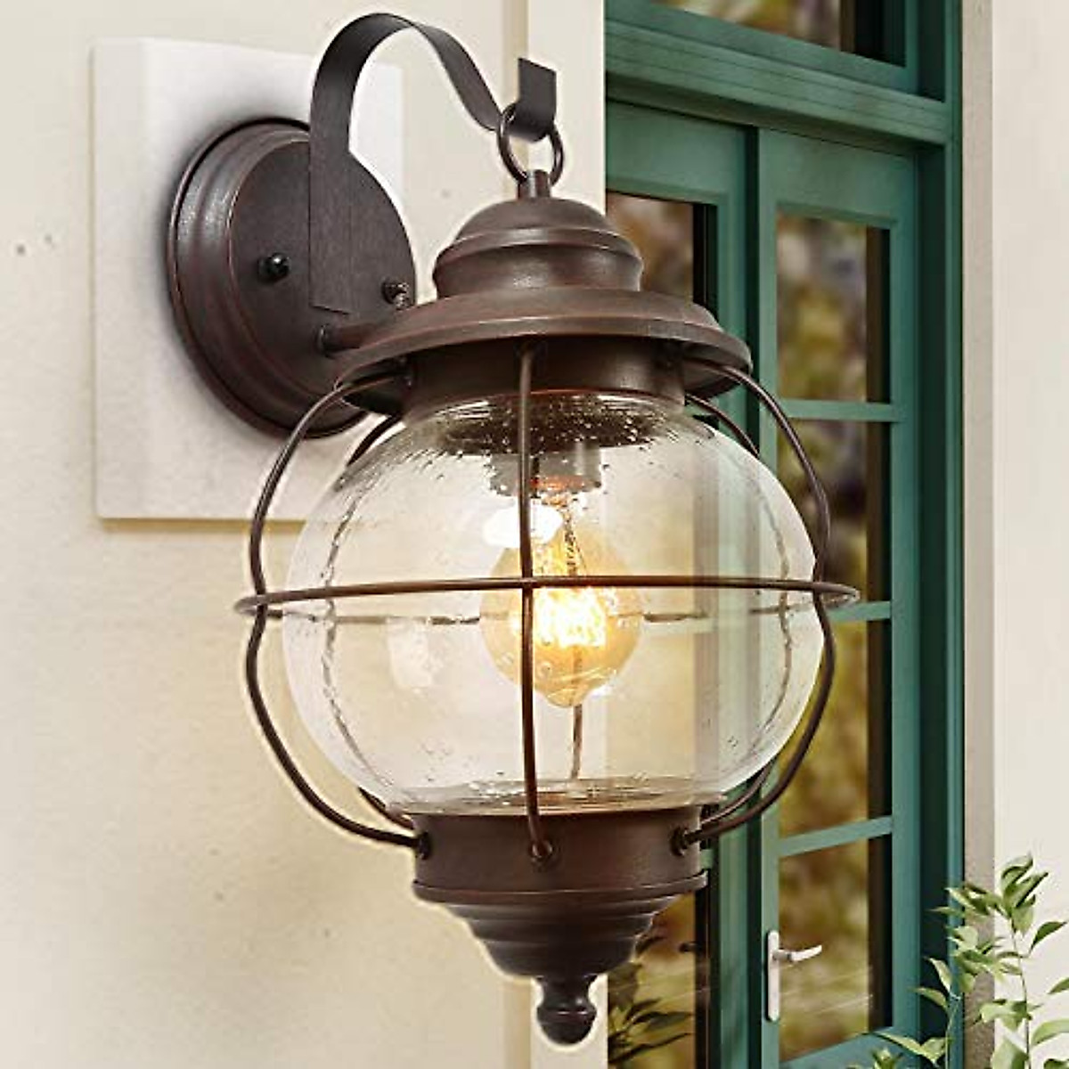 LNC Exterior Porch Light Fixture,17" Large Size Globe Seeded Glass & Metal Cage Frame for Garage, Hallway and Patio, Rustic Bronze Outdoor Wall Sconce