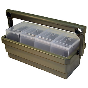 MTM SSC Shotshell Box Caddy with 4 Shell Stackers, Strong comfortable handle, USA Made, Army Green Caddy, Clear Boxes