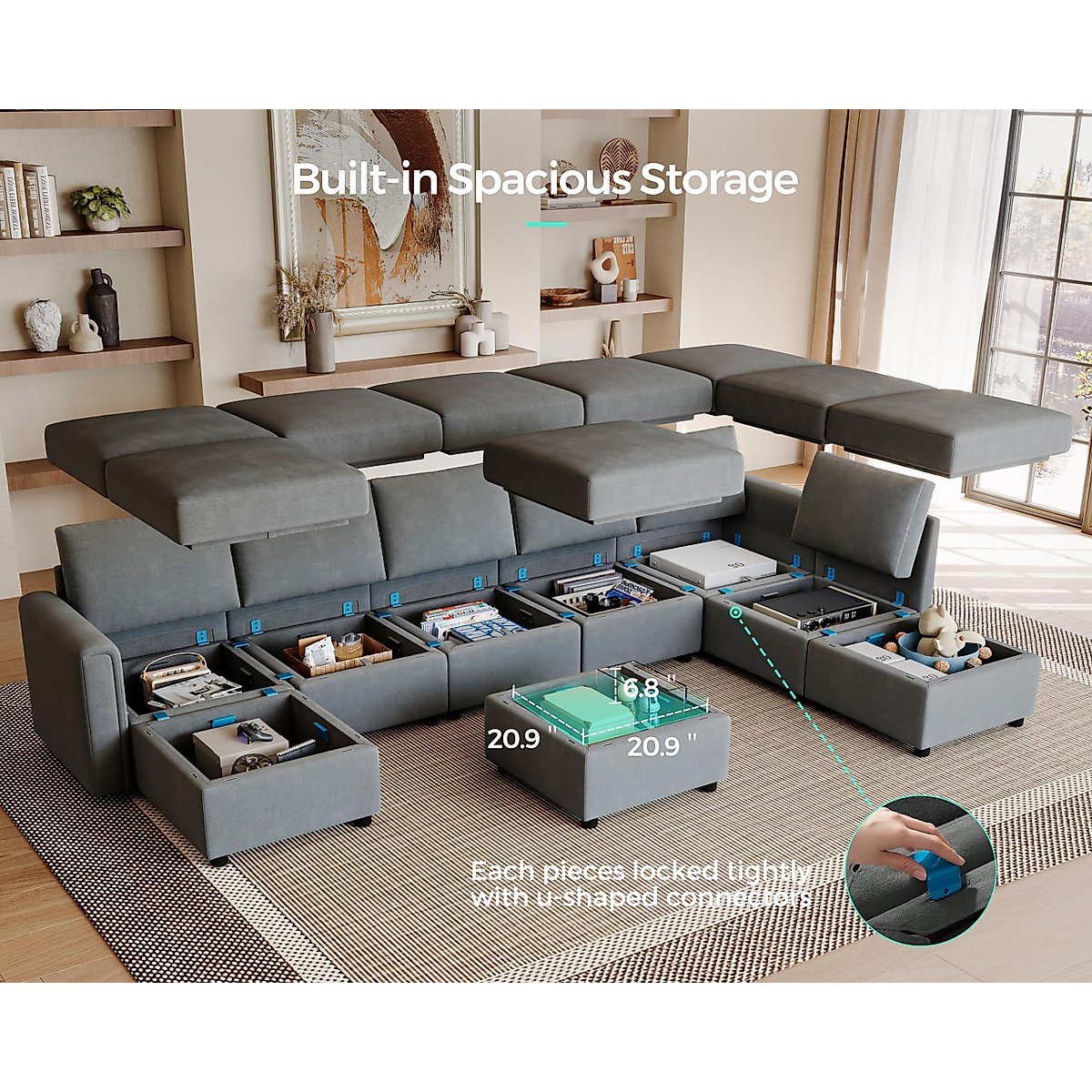 LINSY HOME Modular Sectional Sofa, Oversized Sectional Couch with Storage, Ottomans, Modular Sectional Sleeper Sofa with Memory Foam, 9 Seat U Shape Sofa Set for Living Room, Dark Grey