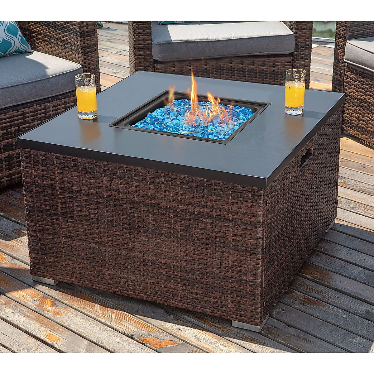 COSIEST Outdoor Propane Fire Pit 32-inch Square Espresso Brown Wicker Fire Table, 40,000 BTU Stainless Steel Burner, Fits 20lb Tank Outside, Aqua Blue Fire Glass and Cover