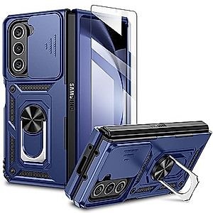Goton for Samsung Galaxy Z Fold 5 Case with Slide Camera Cover & Screen Protector, Armor Phone Case Built-in 360° Rotate Ring Stand Heavy Protective for Samsung Z Fold 5 5G Case Accessories Blue