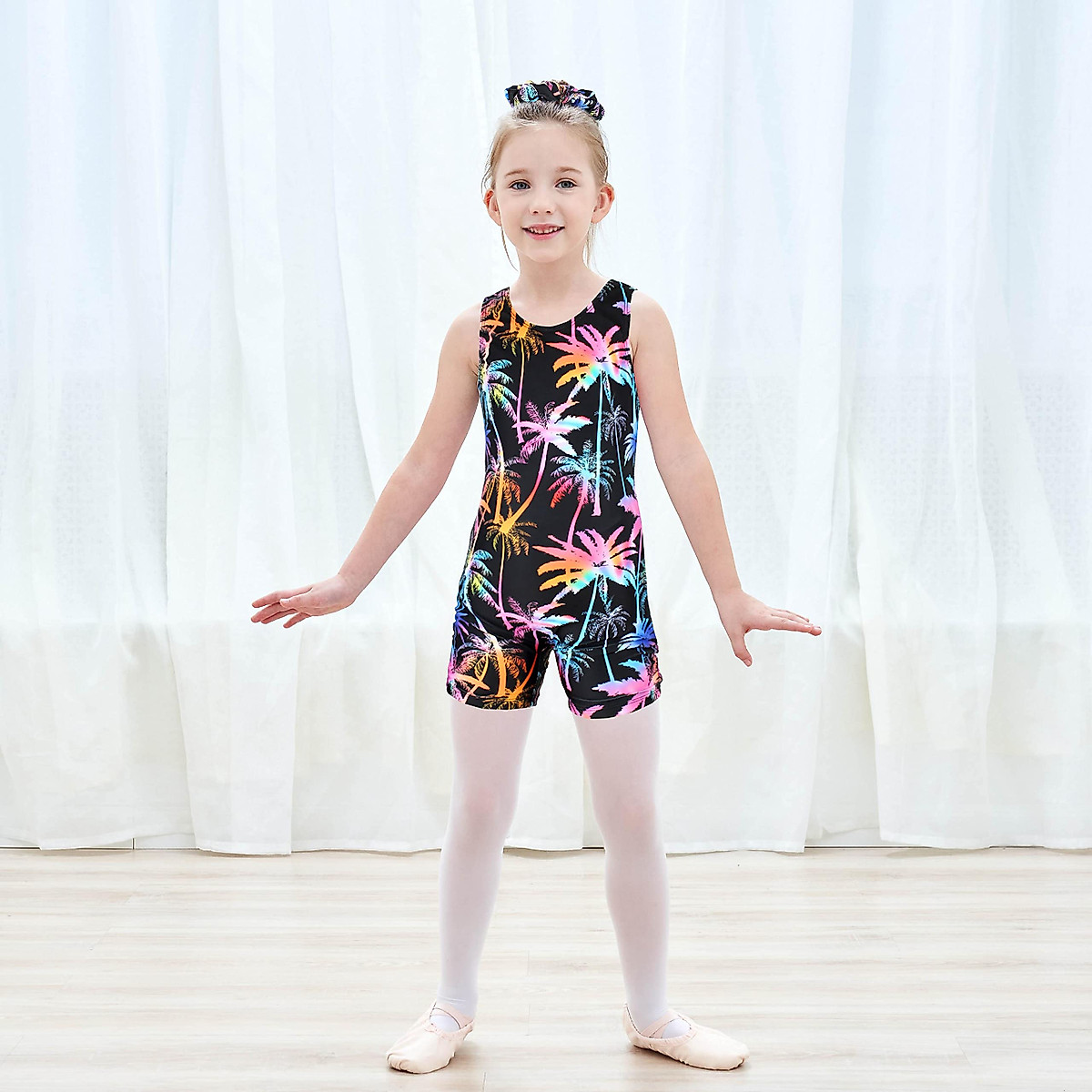 JESKIDS Leotards for Girls Gymnastics with Shorts Dance Biketards Tumbling Unitard Matching Hair Scrunchie Coconut Tree 14T 15T