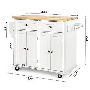 TUSY 43" Kitchen Island with Storage, Rolling Kitchen Cart with Lockable Wheels, Solid Wood Tabletop Kitchen Island Table for Kitchen, Living Room, White