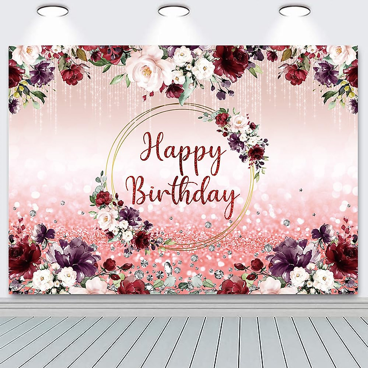 MAQTT 7 x 5 FT Pink Purple Rose Happy Birthday Photo Backdrop Flower Gold Glitter Blush Photography Background for Women Girl Birthday Party Decorations Banner Supplies