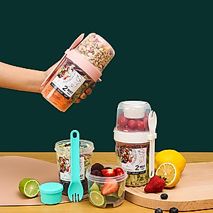 jyibinee Cereal Breakfast Cup Food Preservation Box Salad Transparent Portable Separated Two Compartments Oatmeal Nut Yogurt Container with Fork School Lunch Pink