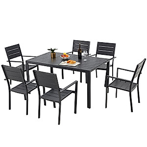 U-MAX 7-Piece Aluminum Outdoor Dining Set, Patio Table and Chairs Set for 6 Morden Outdoor Furniture Set with Aluminum Frames, Rectangular Table and Stackable Chairs for Garden, Black