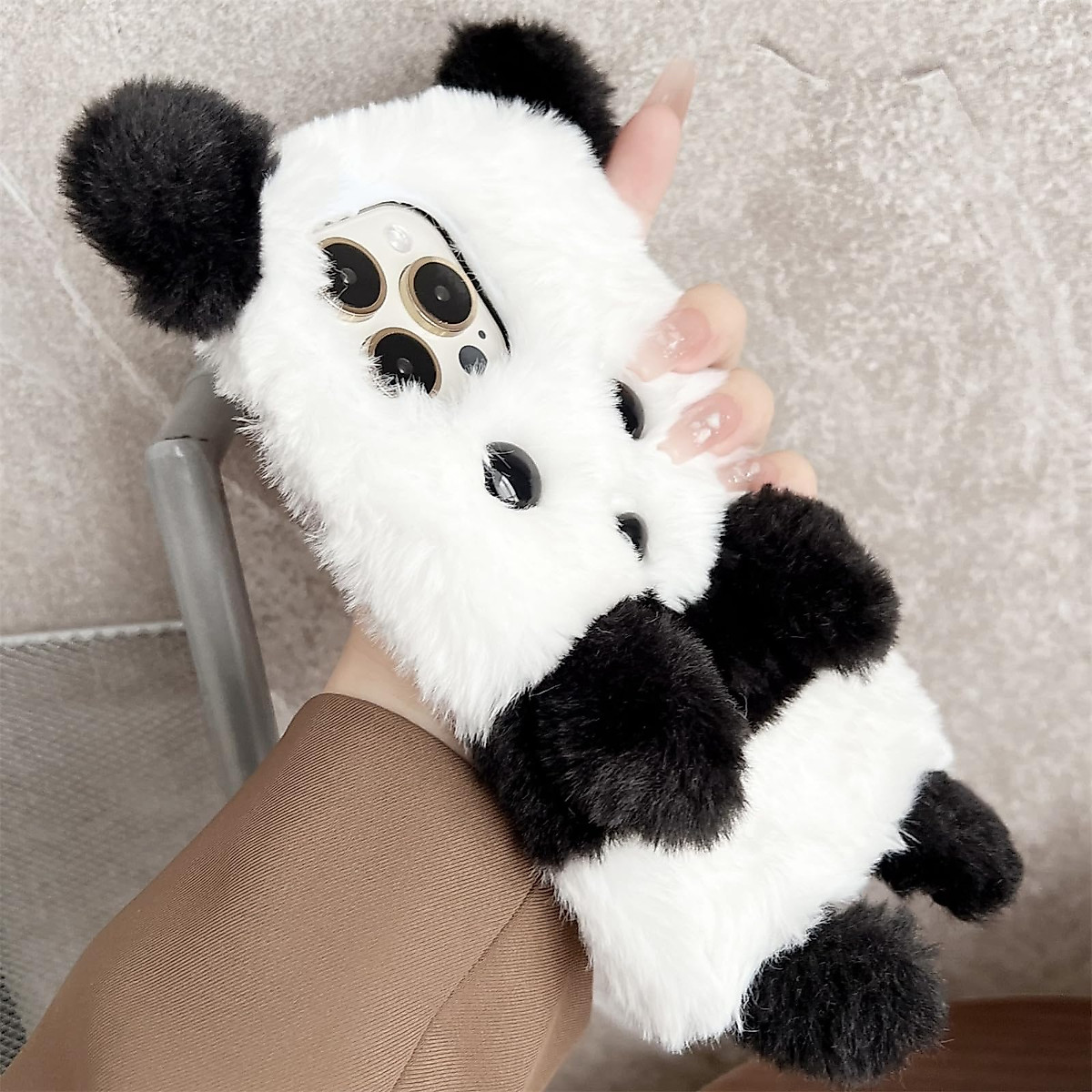 for Samsung A04/A04s Furry Phone Case, Super Cute Plush Panda Sweet Animal Cartoon Lovely Stuffed Toy Soft Hair Fluffy Fuzzy Fur Protective Case
