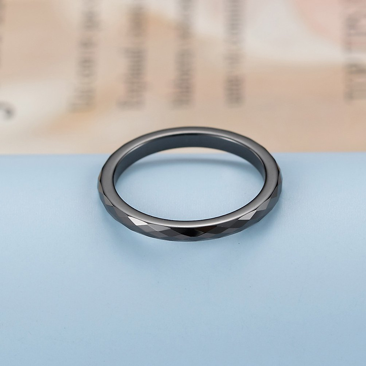 IFUAQZ Women's 2MM Ceramic Ring Rhombic Cut Faceted Design Engagement Wedding Band Comfort Fit Black Size 9