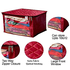 atorakushon Satin Fabric Foldable Garments Saree Blouse Cover Bag Pouch Closet Wardrobe Organizer With Clear Window Zipper Lock Pack of 3 (Maroon)
