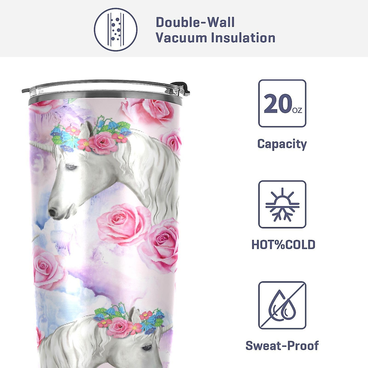 YETTASBIN Unicorn Tumbler with Straw Lid, 12oz Stainless Steel Tumbler Cup Double Wall Vacuum Insulated Travel Coffee Mug for Hot and Cold Drinks