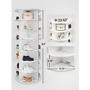 Toemics 7 Tier Rotating Shoe Rack Tower 28 Shelves, 360° Spinning Display Lazy Susan Organizer, Carousel for Shoes & Handbags, Easy Assembly, Includes 4 PCS Double-Layer Shoe Racks, White