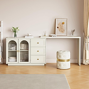 RoyalCraft Makeup Vanity Desk, Extendable Corner Vanity Makeup Table with 3 Drawers & 2 Doors, Modern Dressing Table for Bedroom, White Makeup Vanity Without Mirror